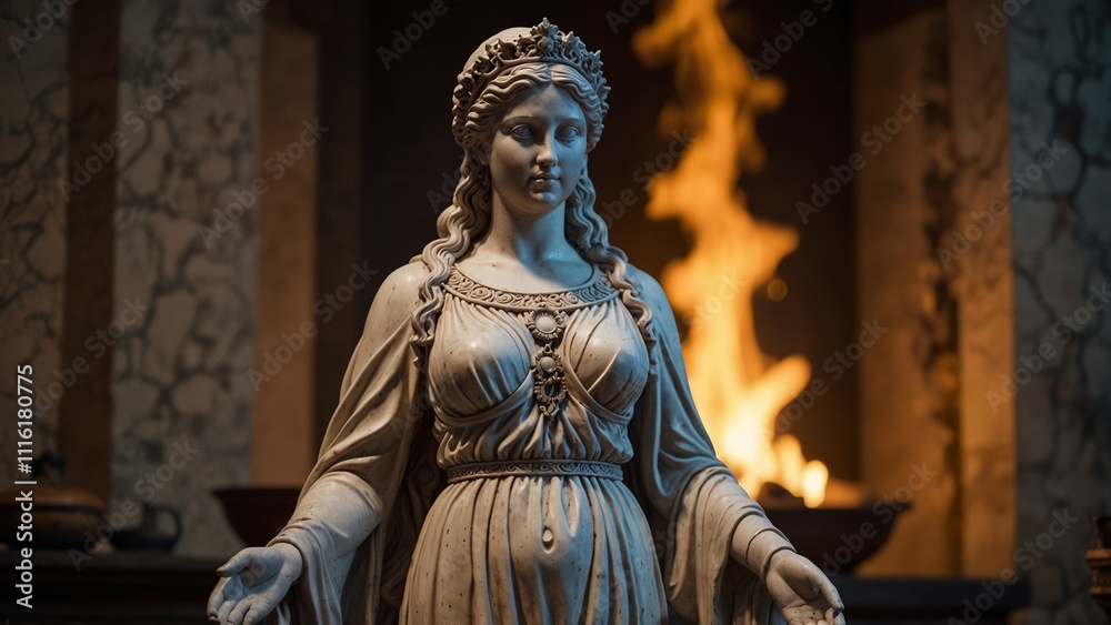 Statue of Hestia, the goddess of fire and home, holding a blazing flame ...