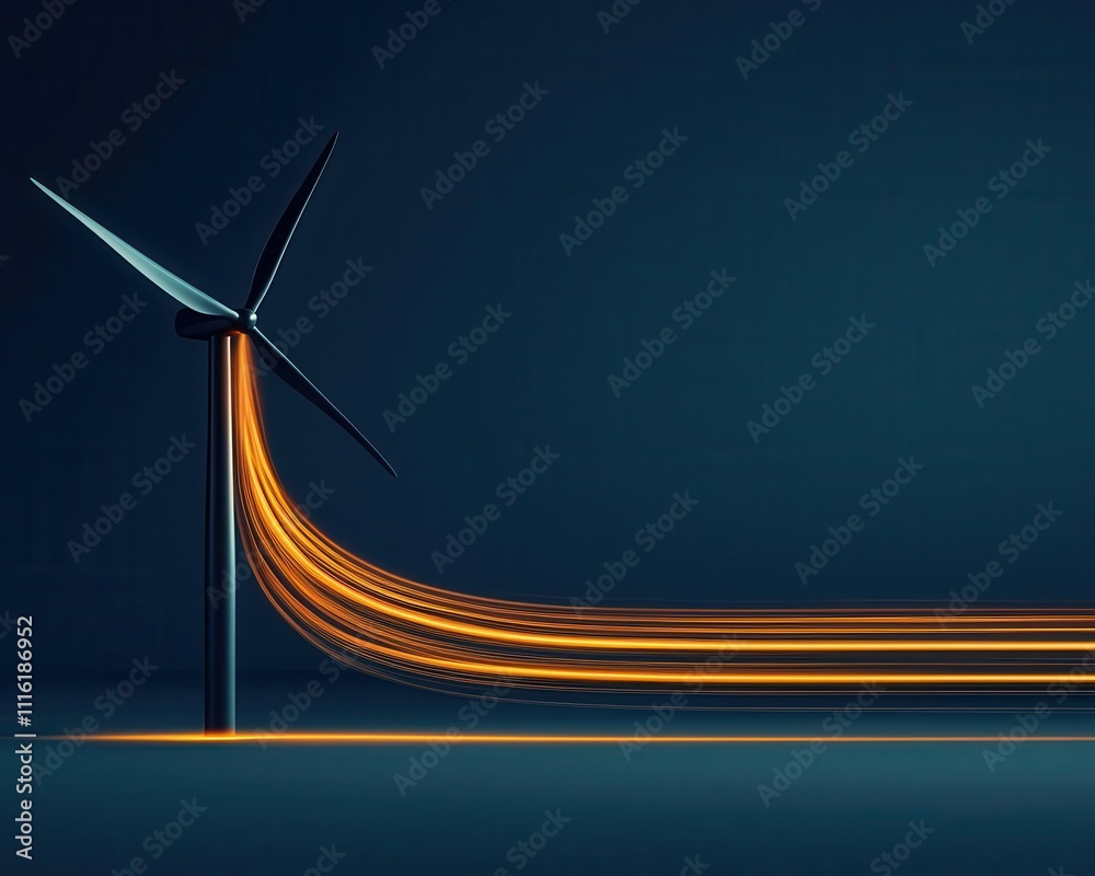 Artistic depiction of energy conversion in a wind turbine, glowing wind ...
