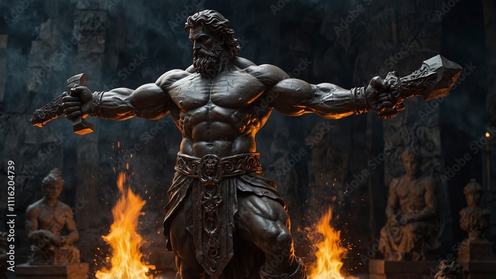 Statue of Hephaestus, the god of fire and forging, holding a hammer and ...