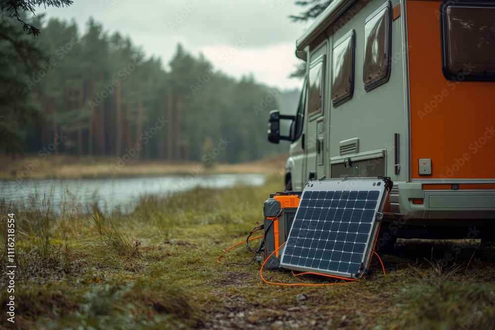 Portable solar panel charging a camper van battery parked near a lake ...