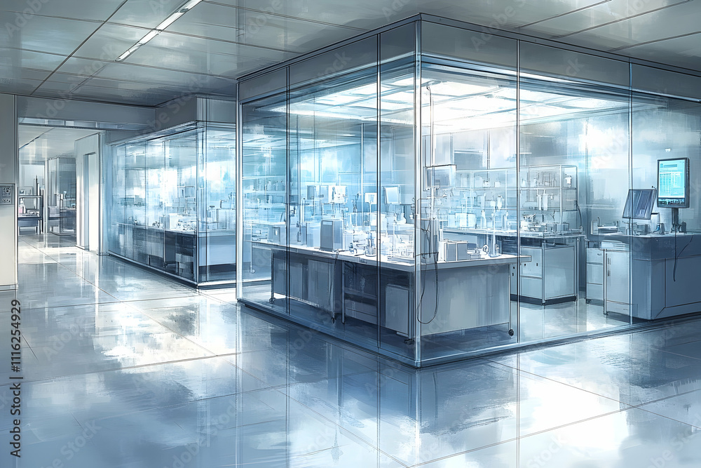 Modern sterile lab interior with glass-walled cubicles, equipment, and ...
