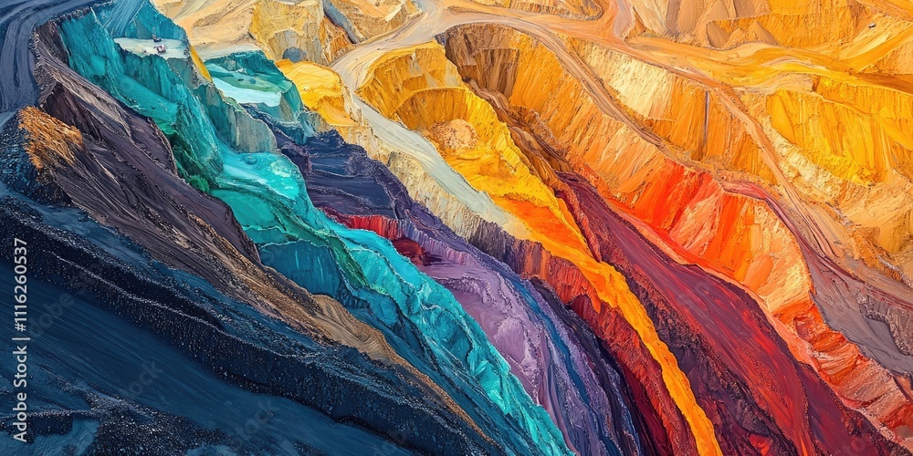 Vibrant colors burst forth in a vertical perspective of open pit mining ...