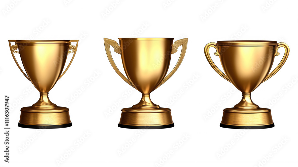 [Golden trophies arranged in a horizontal row against a black ...