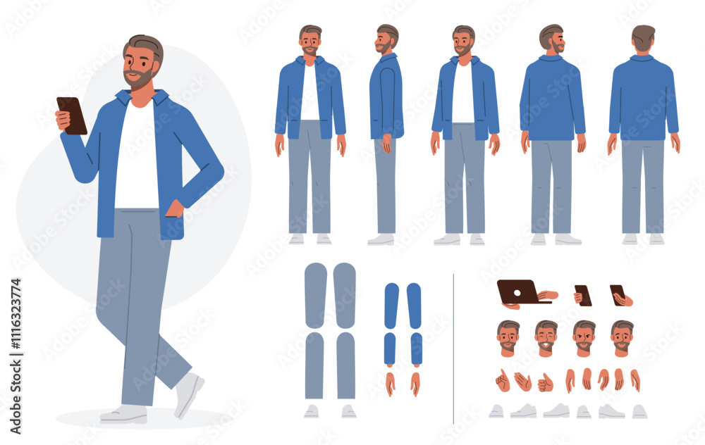Middle age business man character constructor for animation. Front ...