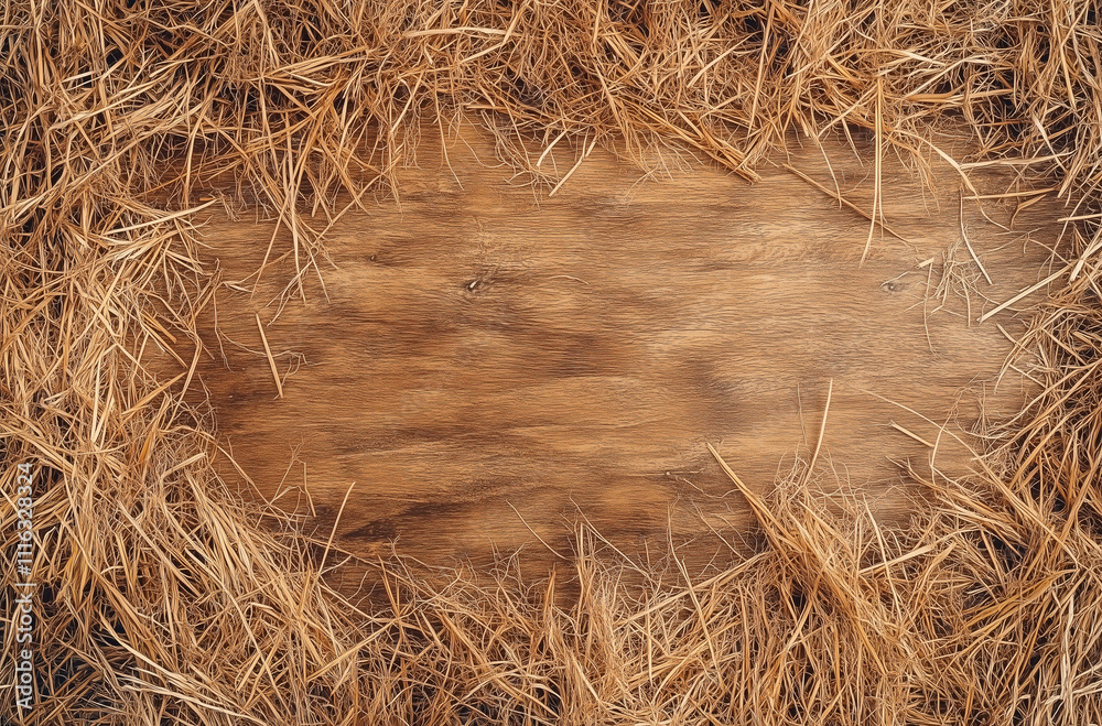 Wooden background with hay border, rustic wooden planks, natural ...