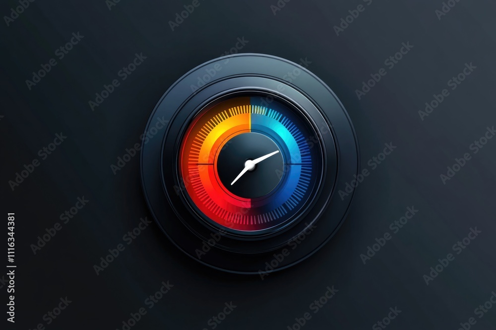 Analog and digital speedometer with red, blue, and yellow colors on a ...