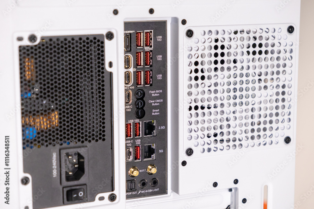 white pc case with detailed io panel showcasing multiple usb ports ...