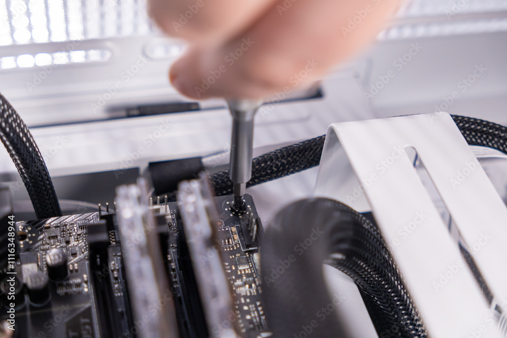 installing motherboard, screwdriver, hand securing screw, pc assembly ...