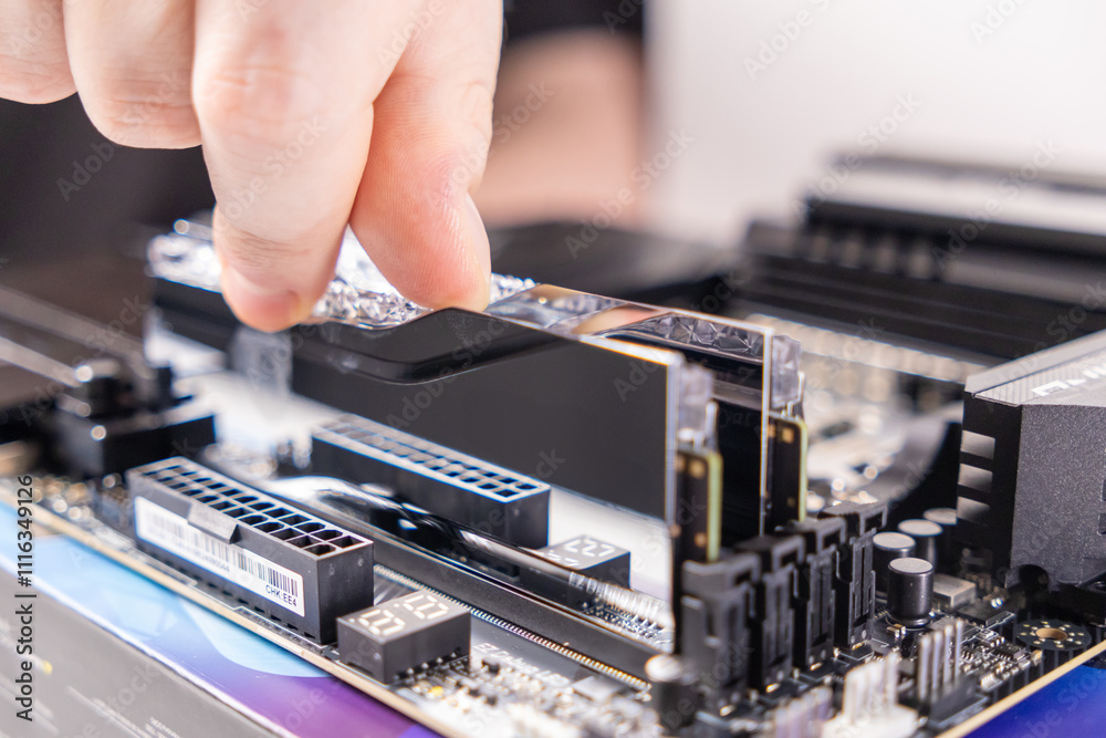 placing memory module, ram installation process, motherboard assembly ...