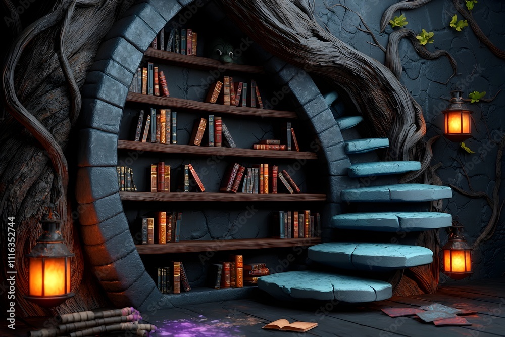 Showcase the grandeur of a sprawling magical library filled with ...
