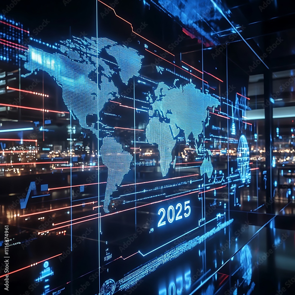 2025 business global concept. A futuristic digital map displays global data trends and ...