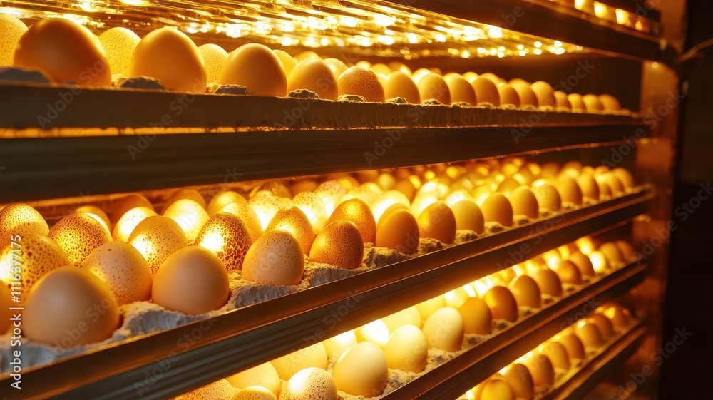 Egg farm concept. Shelves stacked with eggs at different stages of ...