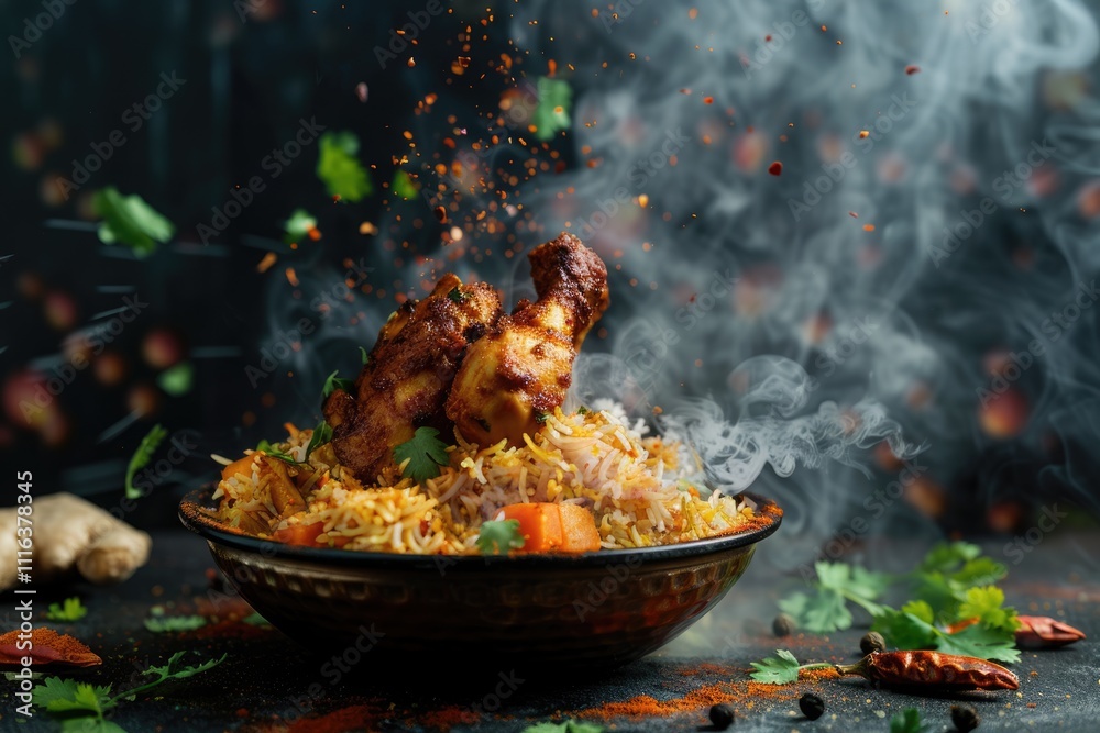 indian chicken biryani Spicy chicken biryani food photography flying ...