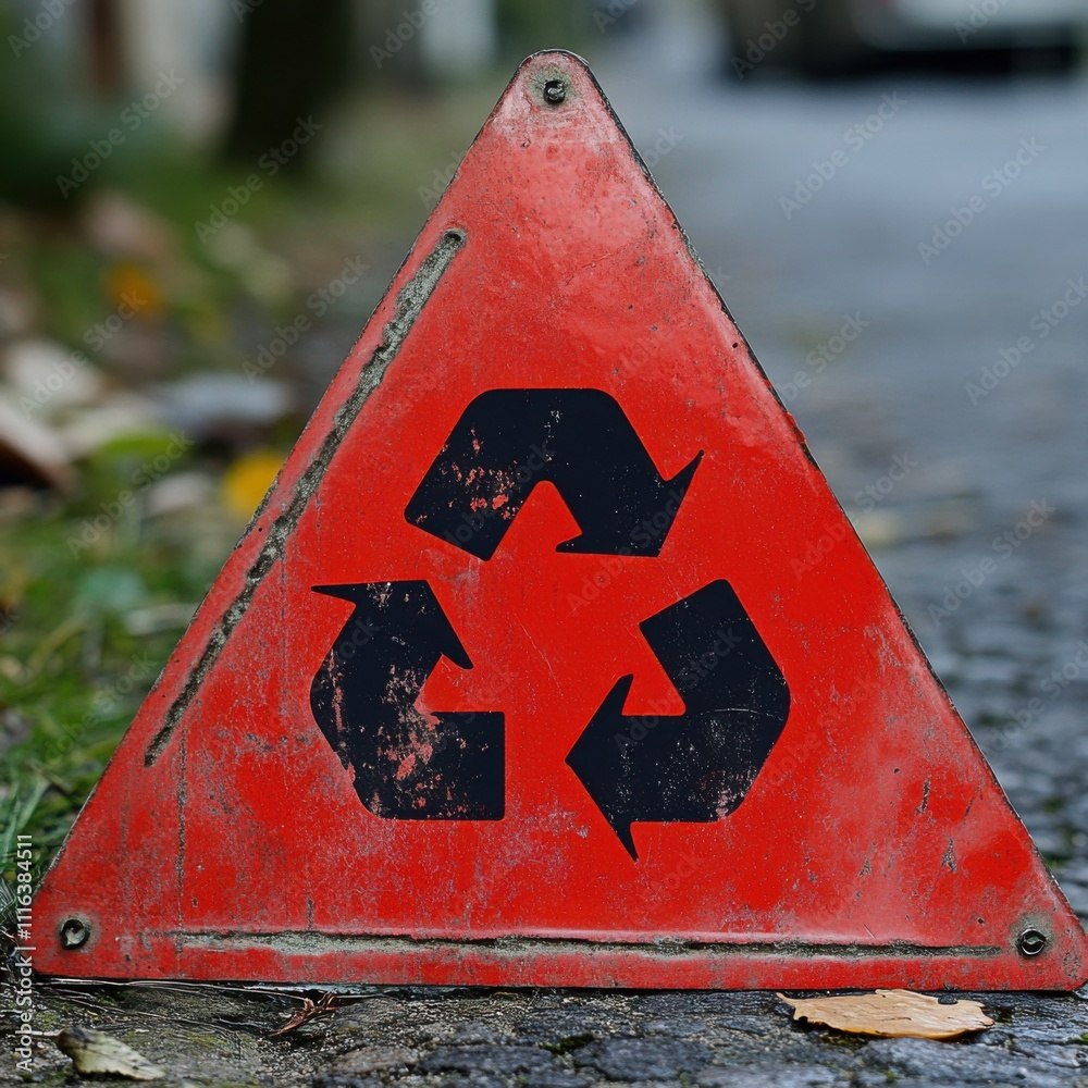 A red triangular warning sign with a recycling symbol is placed beside ...