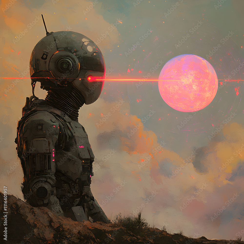Ai automaton scanning for signals on distant planet sci-fi landscape ...