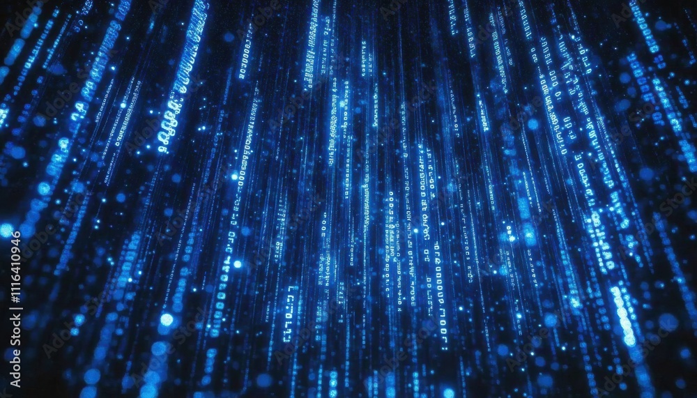 blue binary code and data flowing in the dark, creating an abstract ...