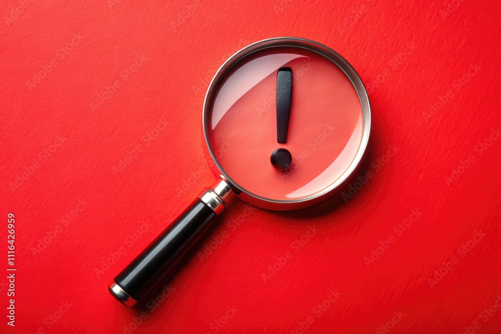 Magnifying glass highlights an exclamation mark on a striking red ...
