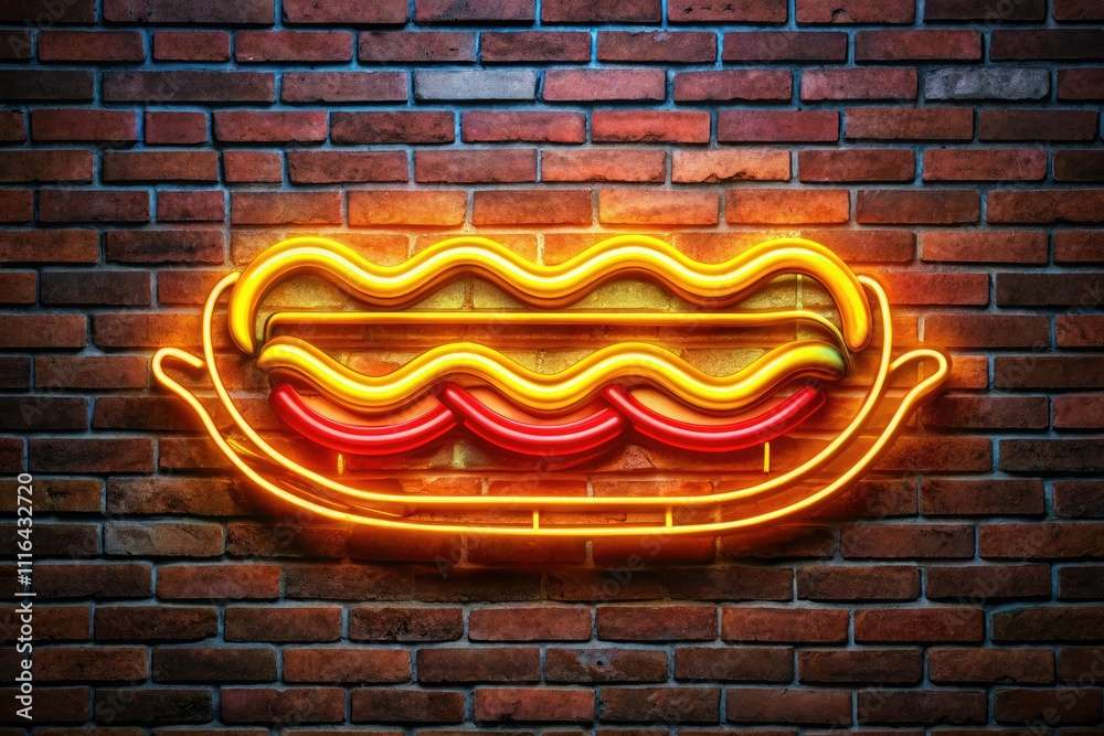 Neon hot dog sign shines against a brick wall in an urban nighttime ...