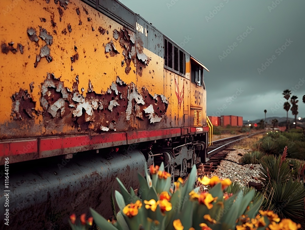 Weathered time worn surfaces of a freight train its metal components ...