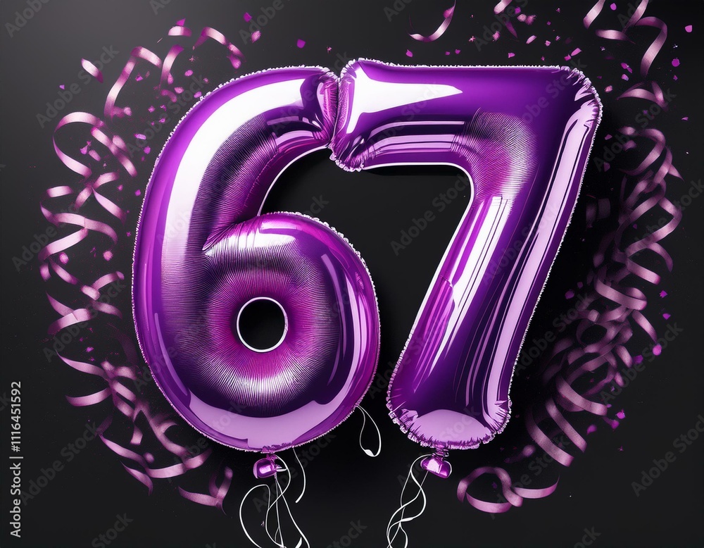 Purple birthday / anniversary balloon, number 67, black background with ...