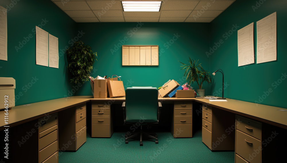 Human resources layoff concept. A modern office space featuring teal ...