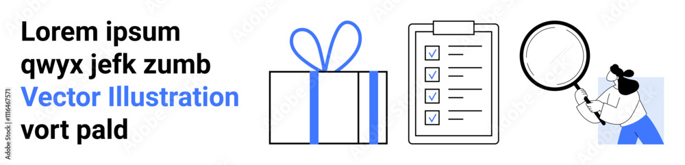 Text blurb, gift box with bow, checklist, person with magnifying glass ...