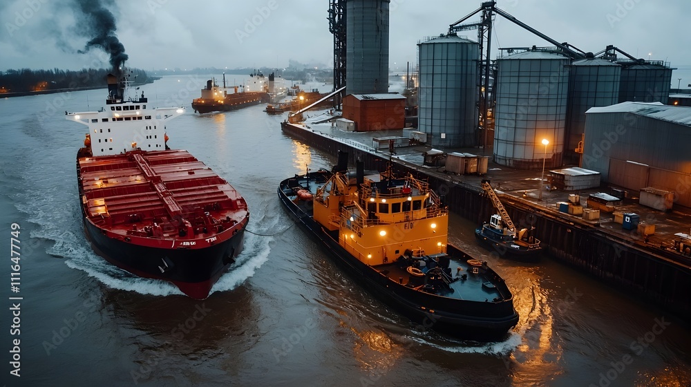 Bustling river port scene depicting the movement of barges tugboats and ...