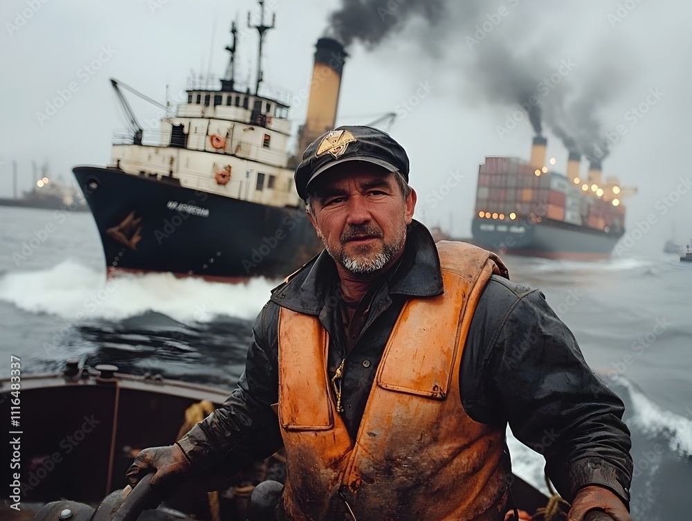 A vintage tugboat guides a massive cargo ship into a bustling port with ...