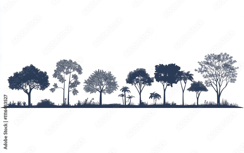 Minimal style cad tree line, Side view, set of graphics trees elements outline symbol for ...