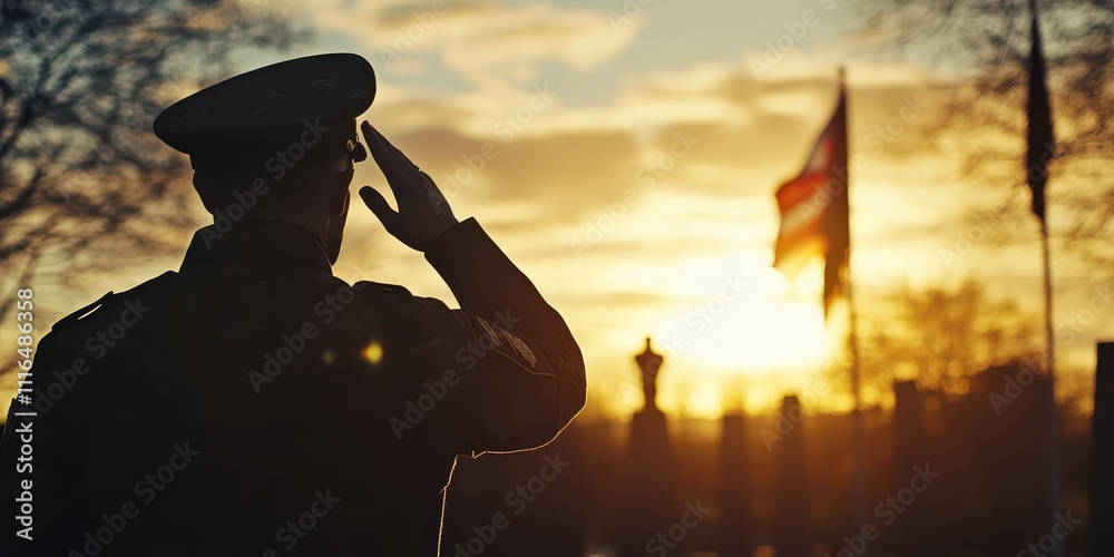 Soldier saluting at a memorial service, with flags flying in the ...