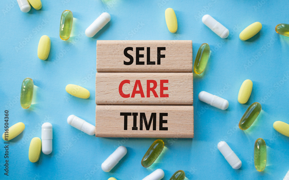 Self-care Time symbol. Concept words Self-care Time on wooden blocks ...
