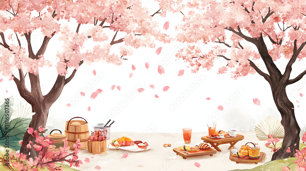 depiction of Japan’s Cherry Blossom Festival with blooming sakura trees ...
