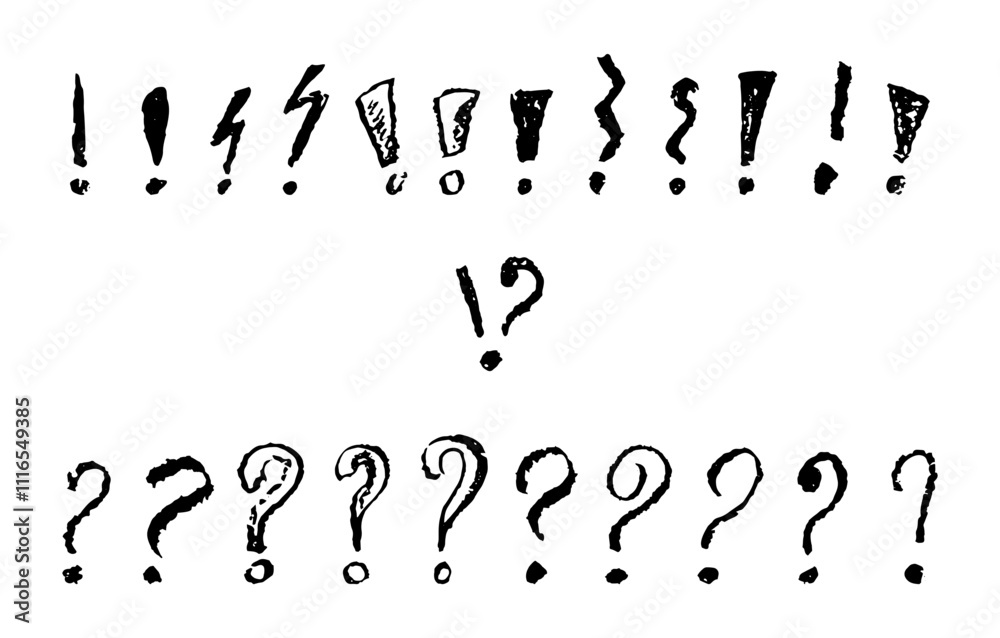 Exclamation and question marks symbols set. Black crayon hand written ...