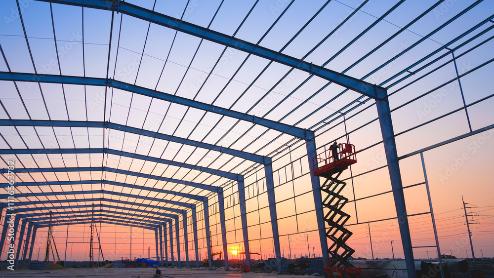 Silhouette factory building framework with welder worker on electric ...