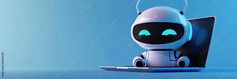 cute little robot assistant uses laptop, mobile chat bot, web computer ...
