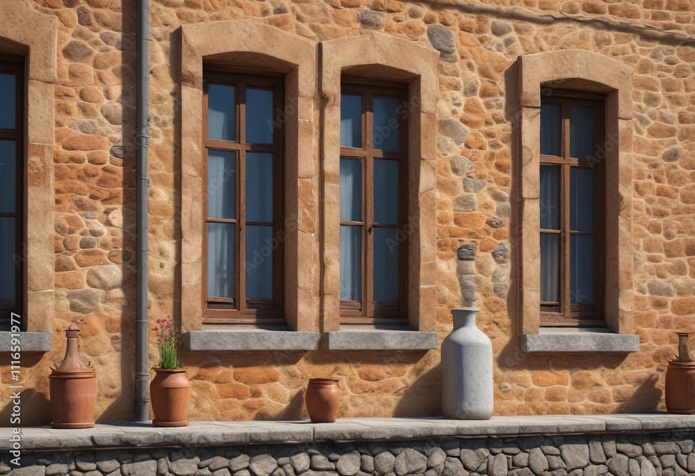 Tall, narrow chimneys with stone mullions and wooden shutters, baroque ...