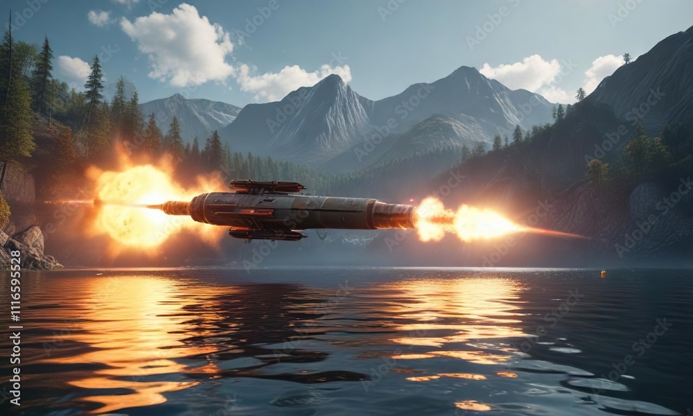Nuclear-powered missile floating on the surface of a lake, missiles, military technology Stock ...