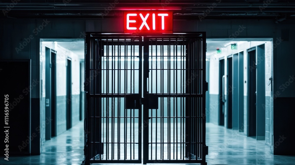 Exit from a dark corridor, a glowing red EXIT sign above a metal gate ...