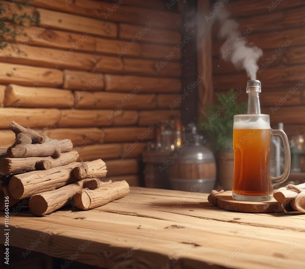 Misting sauna with wooden log background and frothy beer on a small ...