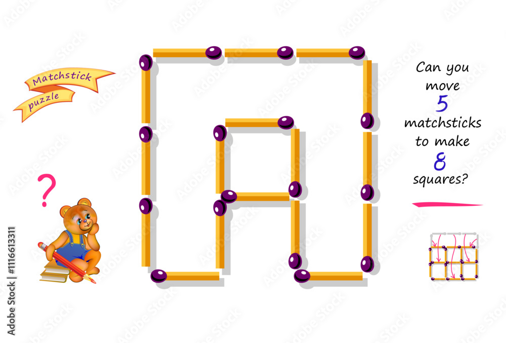 Logic puzzle game with matches for children and adults. Can you move 5 ...