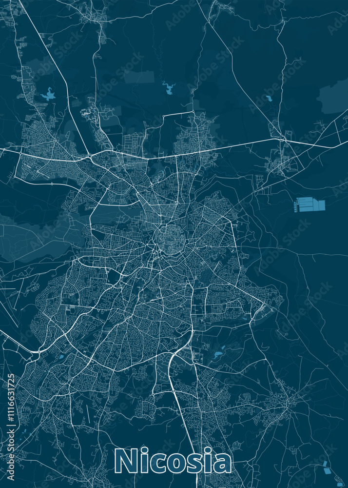 A detailed map of Nicosia, Cyprus, rendered in a minimalist style. The ...