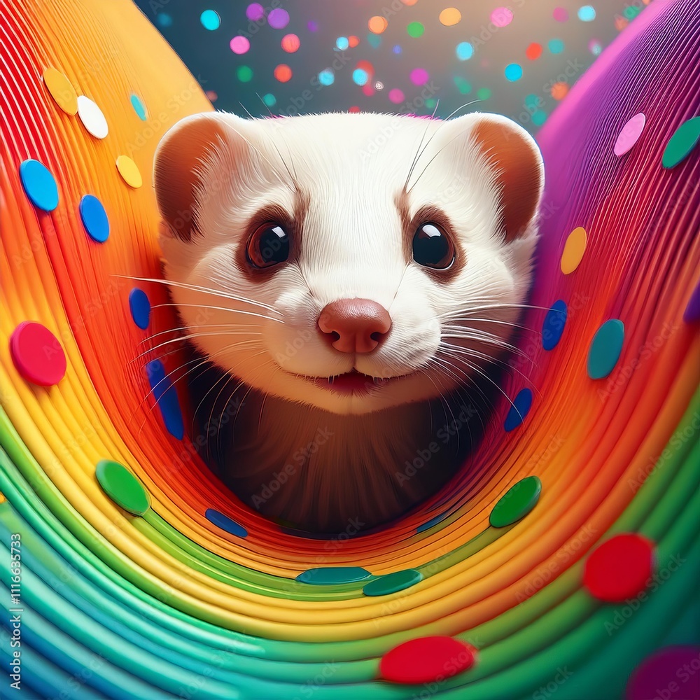 long, slinky cartoon ferret poking its head out of a colorful play tube ...