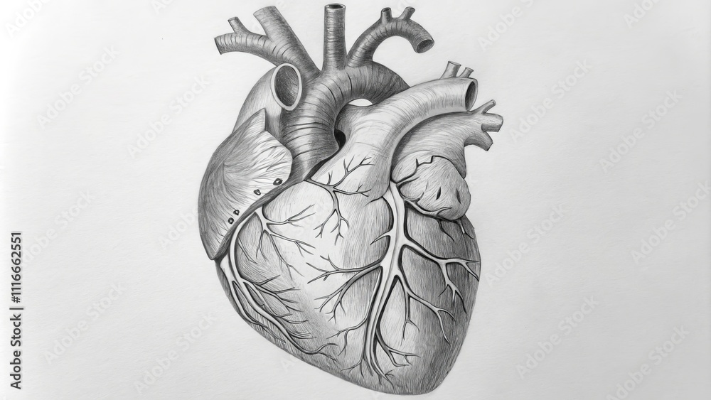 Anatomical Heart Graphite Pencil Drawing, Detailed Vessels and Chambers ...