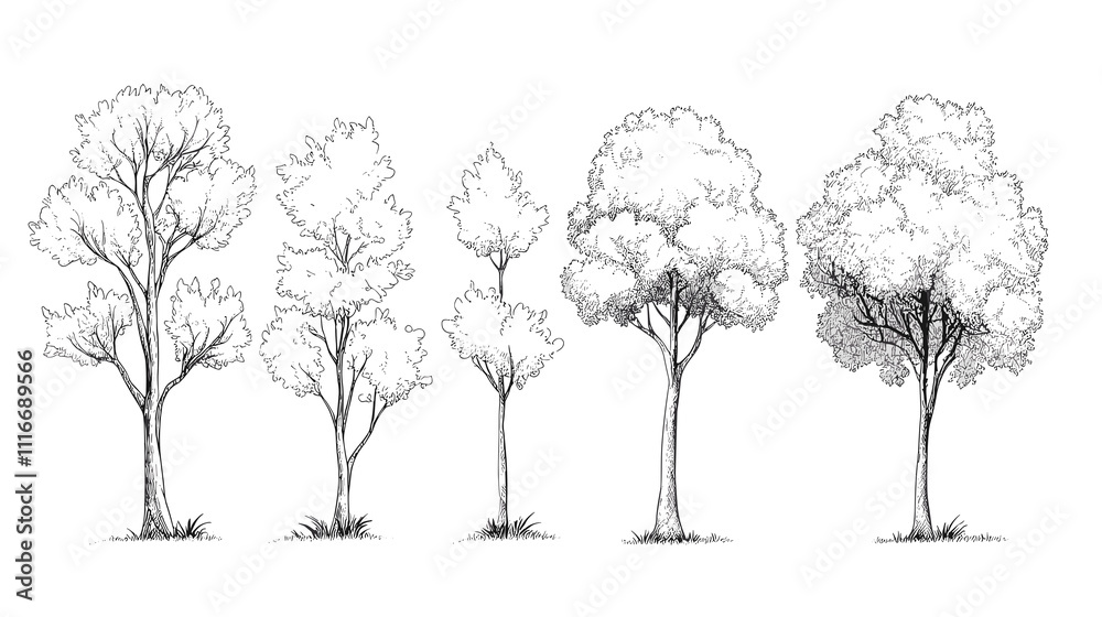 Architectural Drawings, Minimal style cad tree line drawing, Side view, set of graphics trees ...