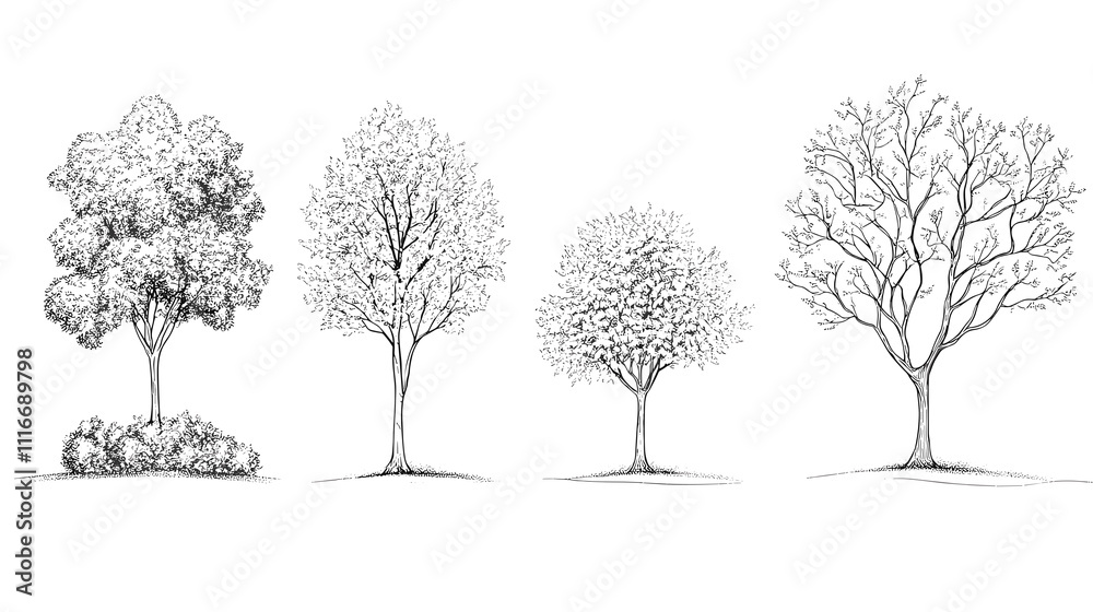 Architectural Drawings, Minimal style cad tree line drawing, Side view ...