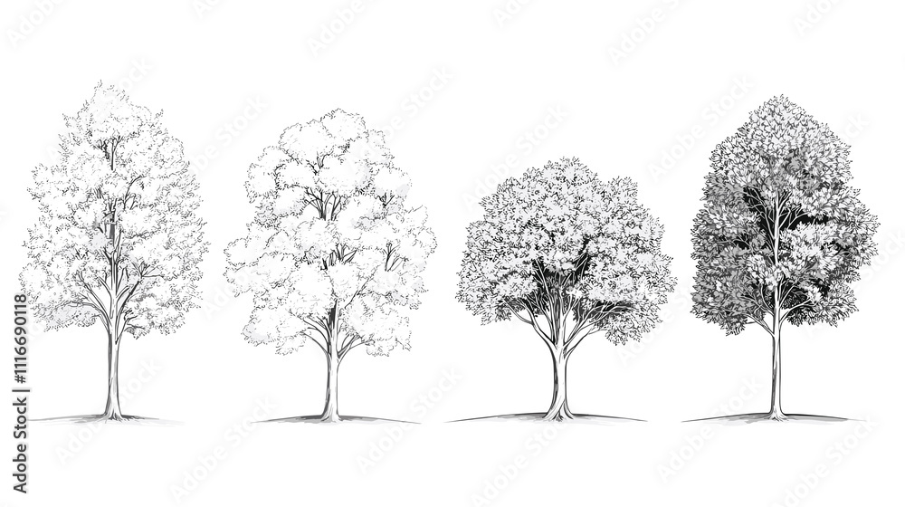 Architectural Drawings, Minimal style cad tree line drawing, Side view, set of graphics trees ...