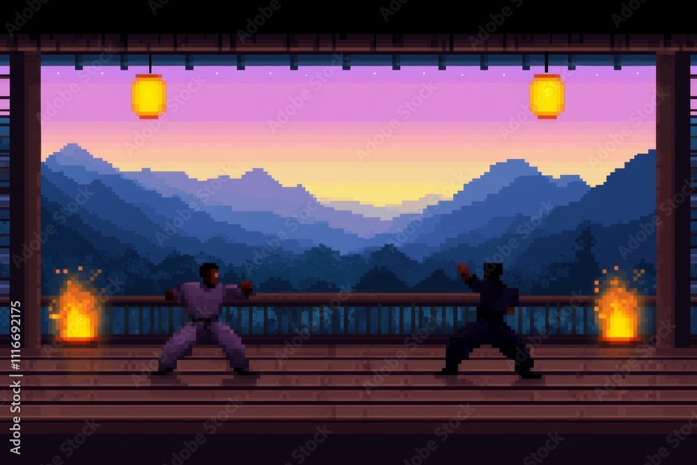 Two men are fighting in a video game with a mountain range in the ...
