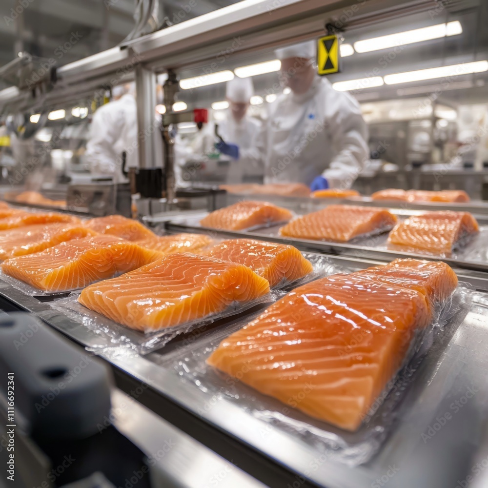 clean and efficient food processing plant where fresh salmon fillets ...