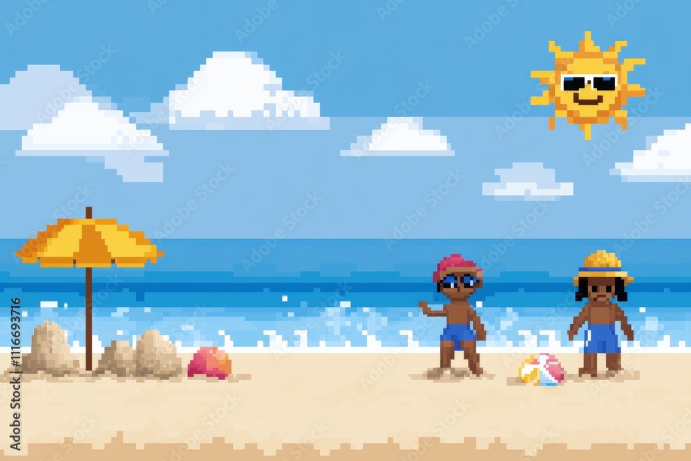 Two children are playing on the beach, one of them holding a beach ball ...