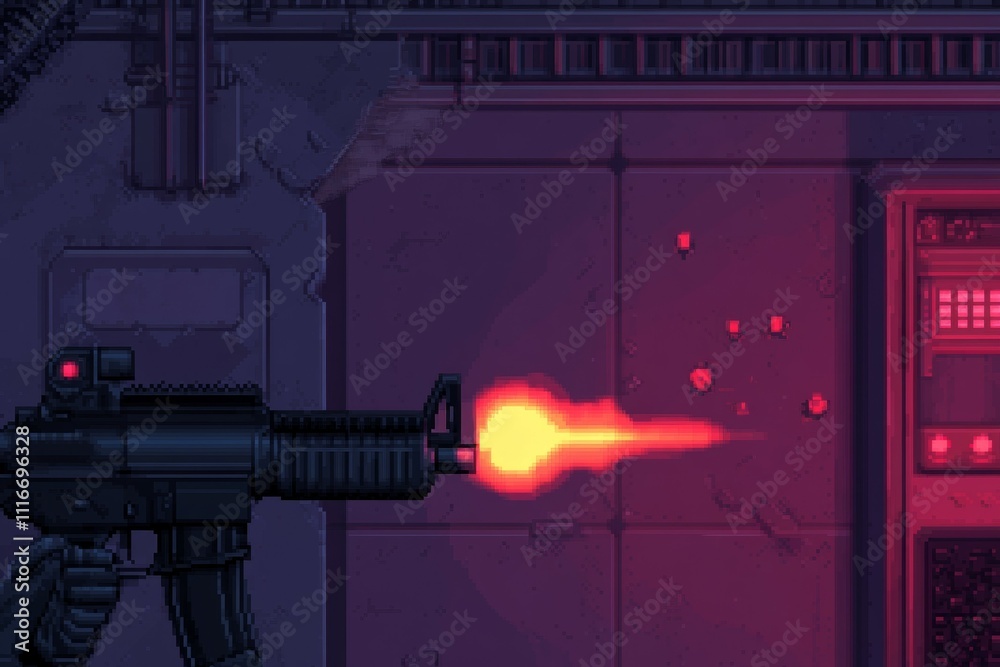 Retro pixel art shooting game scene with gun firing and bullet impact Stock Illustration | Adobe ...